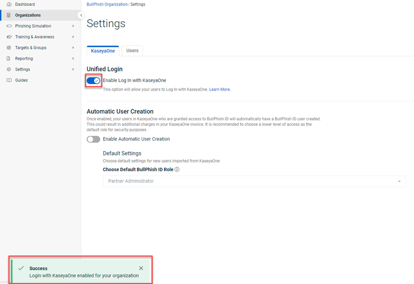 Enabling KaseyaOne Unified Login for your BullPhish ID organization